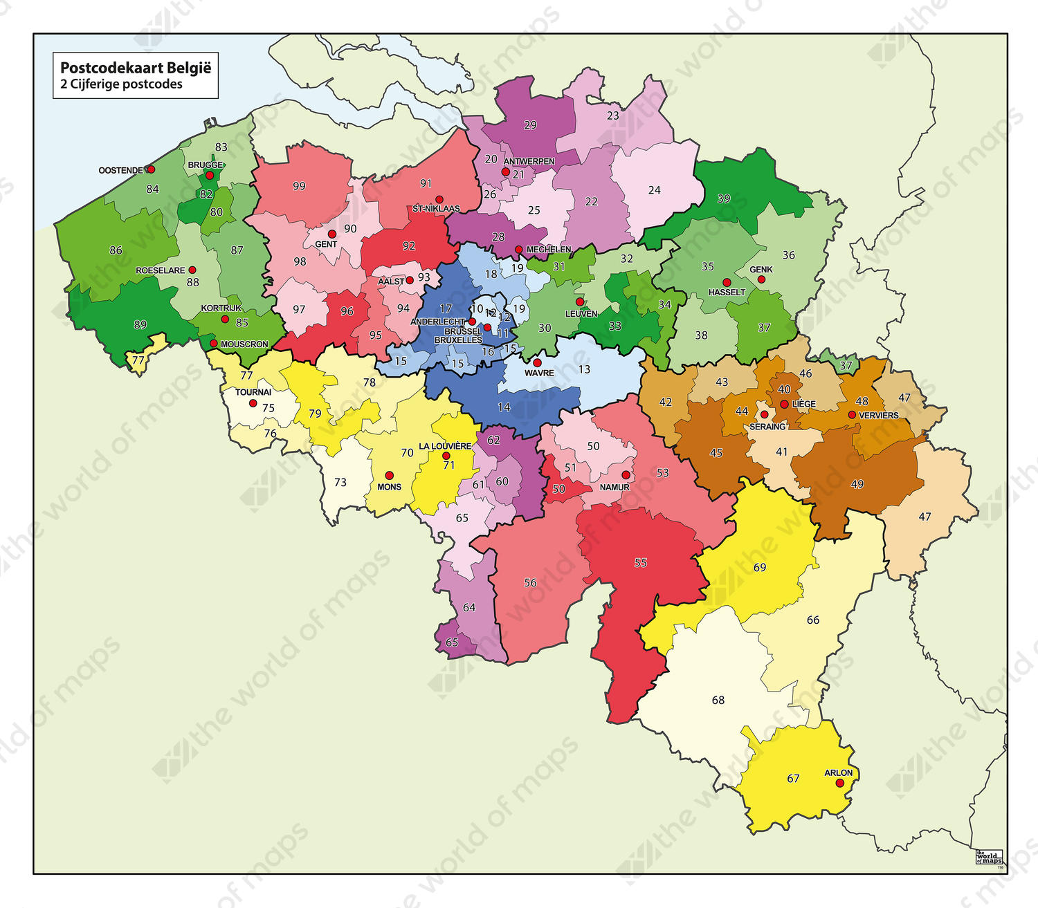 Digital 1 and 2-digit Postcode Map Belgium 750 | The World of Maps.com Digital 1 and 2-digit Postcode Map Belgium 750 | The World of Maps.com