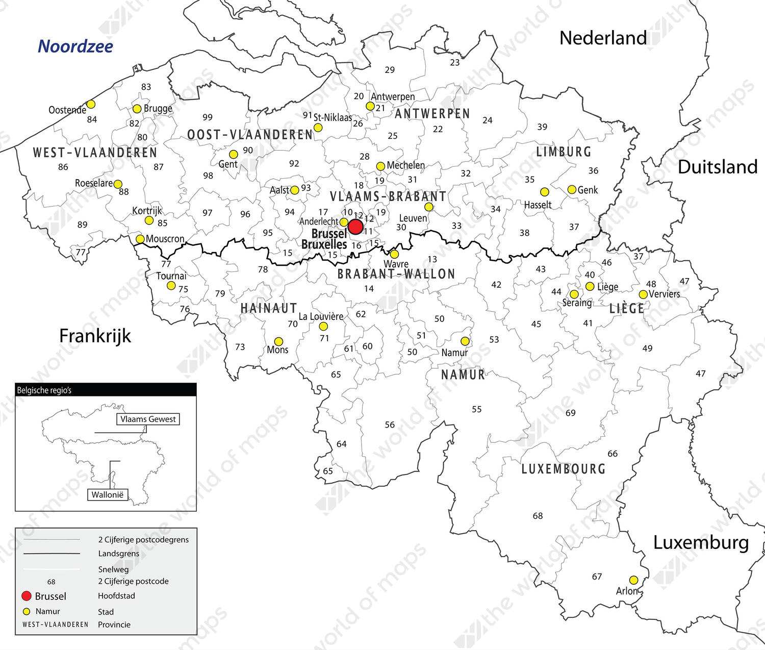 Digital 2-digit ZIP code map Belgium 647 | The World of Maps.com Digital 2-digit ZIP code map Belgium 647 | The World of Maps.com